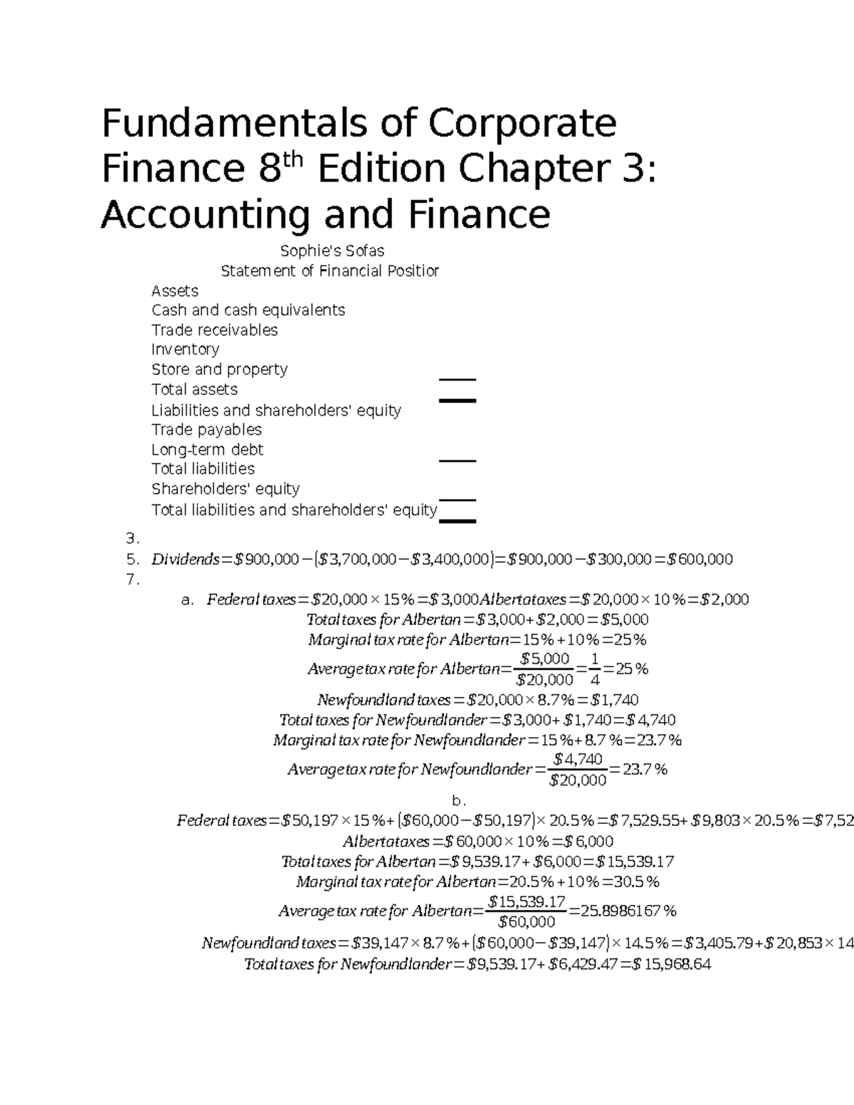 Chapter 3 Exercises - Fundamentals of Corporate Finance 8 th Edition ...