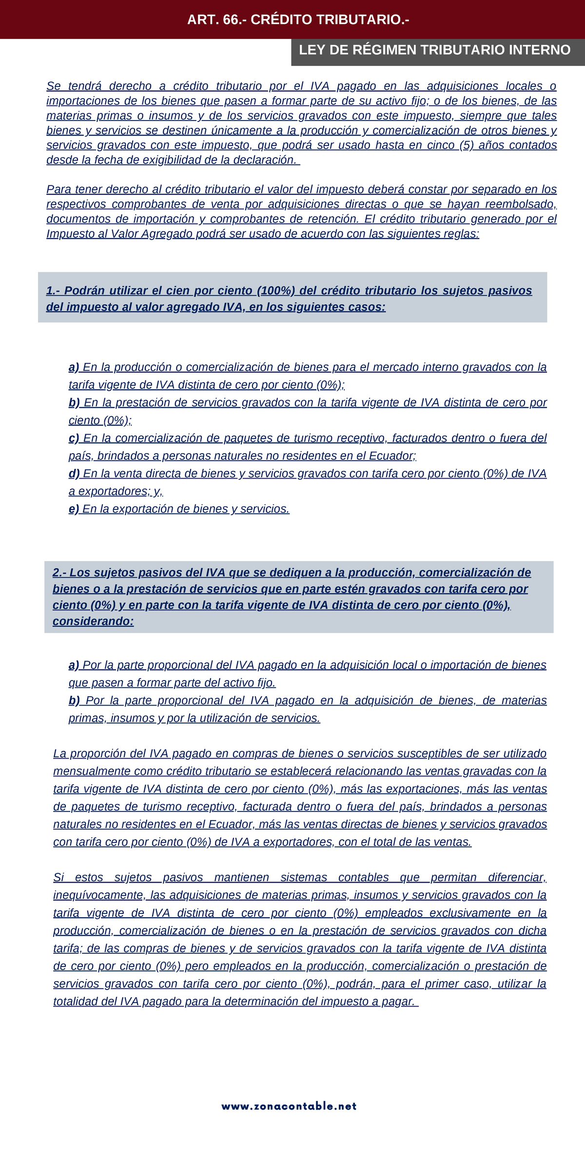 ART 66 Credito Tributario - LEY DE RÉGIMEN TRIBUTARIO INTERNO ART. 66 ...