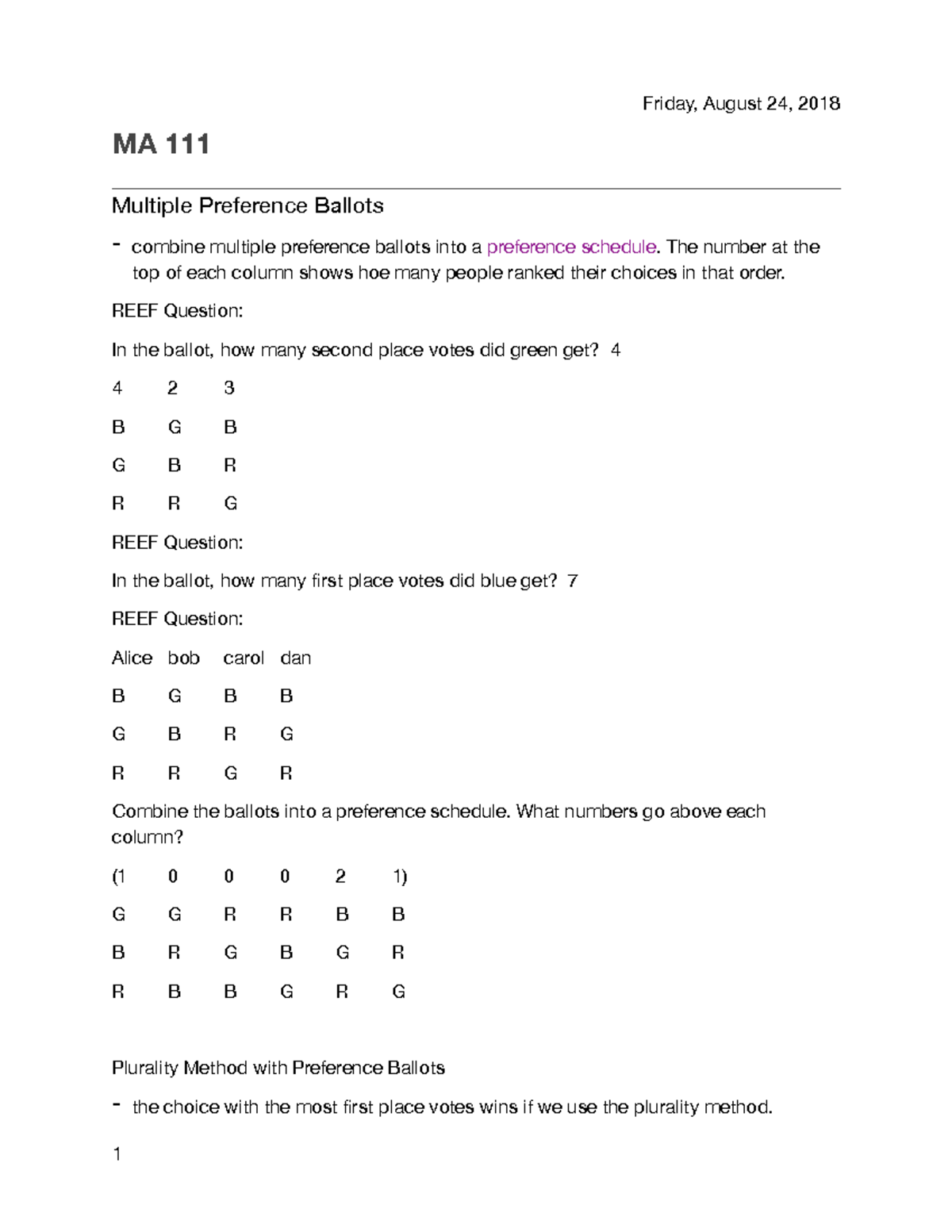 MA 111 Voting Methods PDF - Friday, August 24, 2018 MA 111 Multiple ...