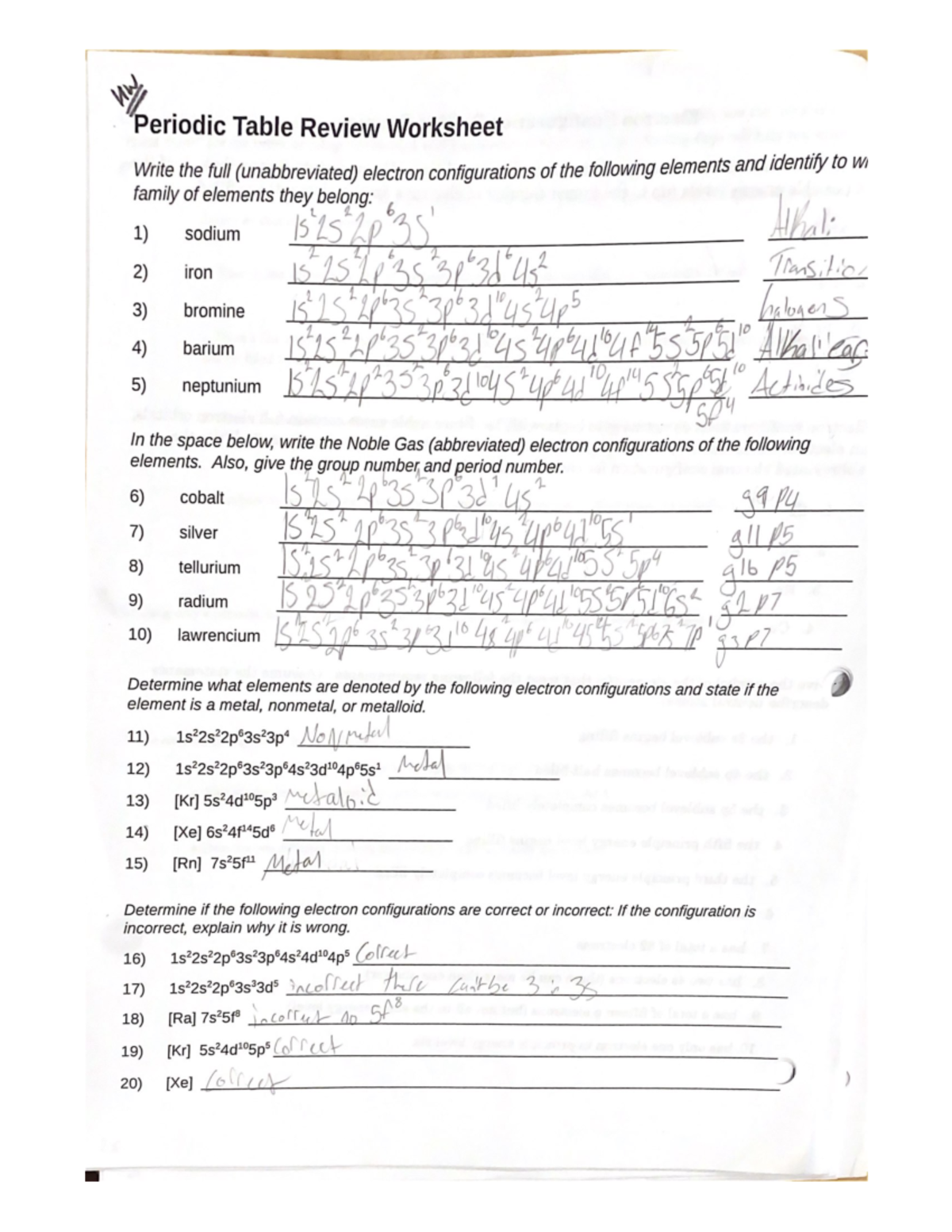 Periodic Table Review Worksheet - Also, give the group number and ...