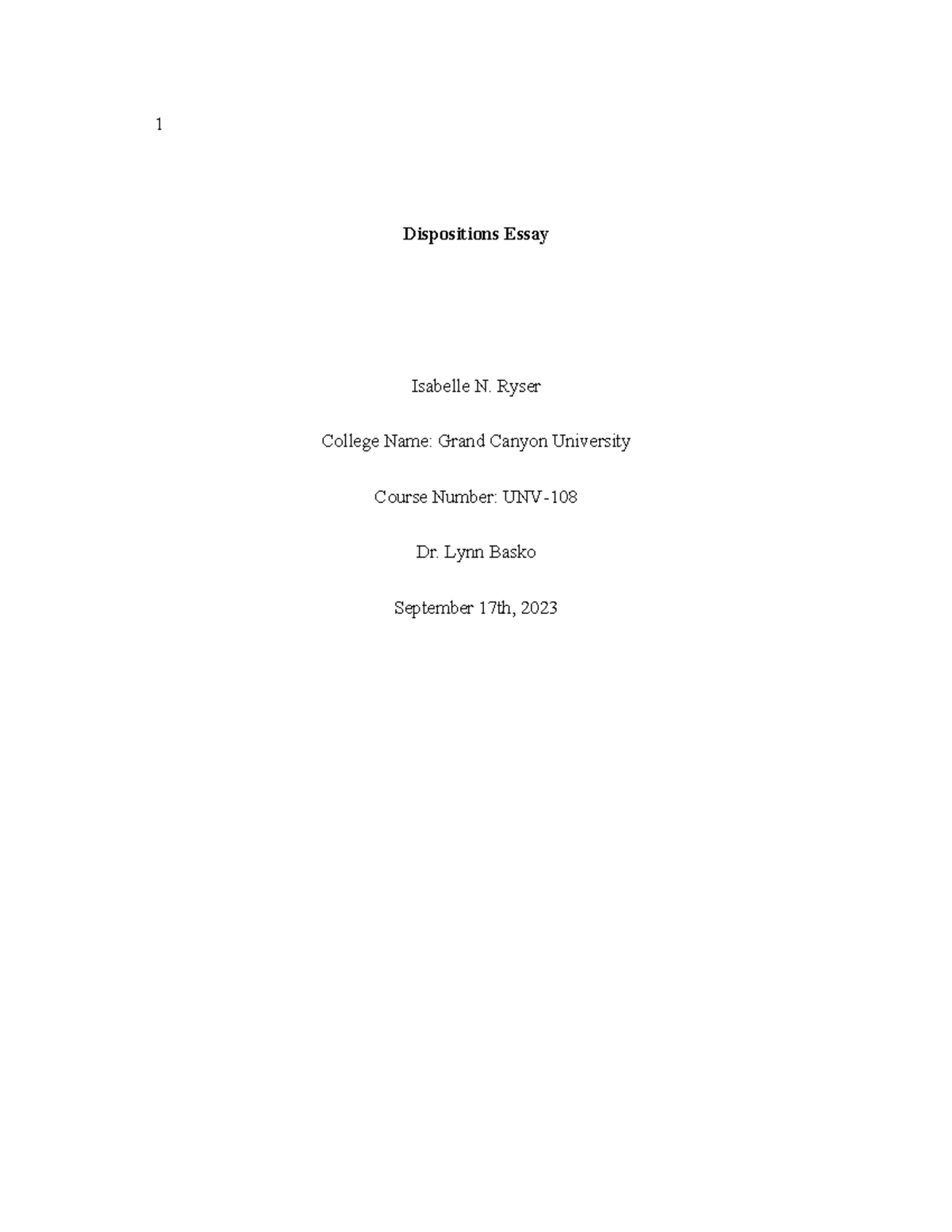 Dispositions Essay - work - Dispositions Essay Isabelle N. Ryser ...