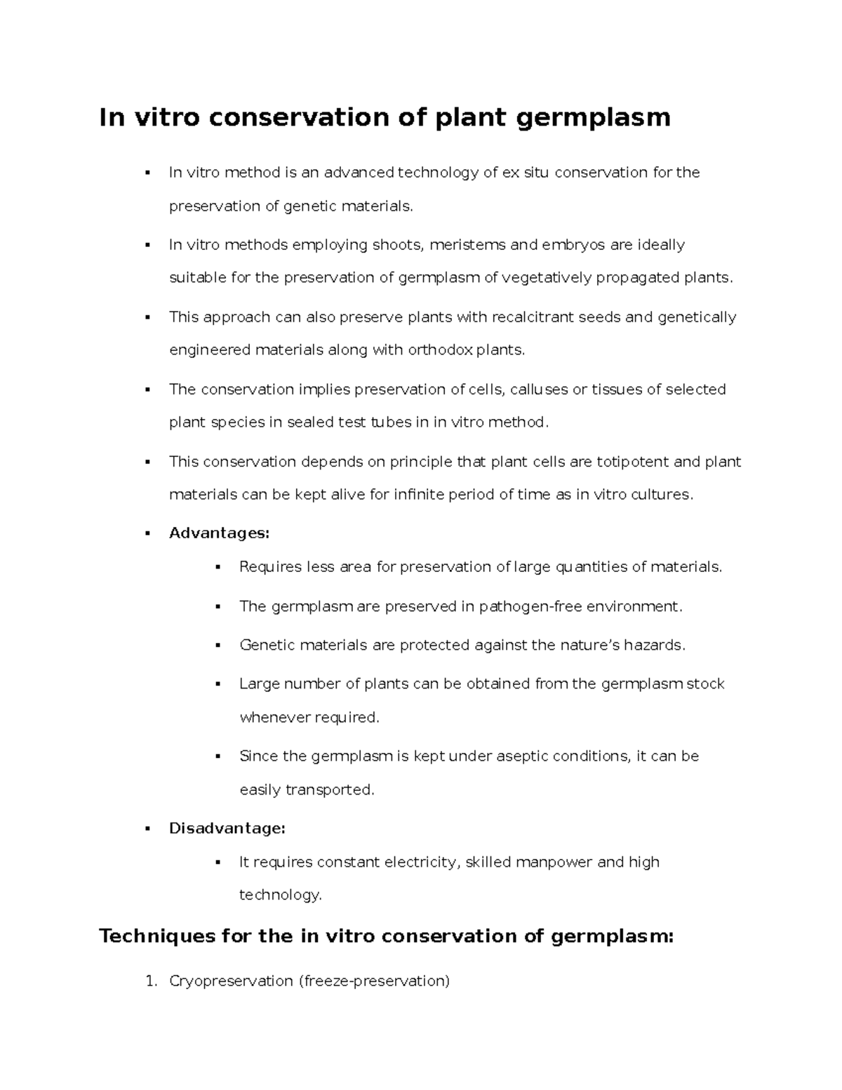 Biology Science 206 - In vitro conservation of plant germplasm In vitro ...