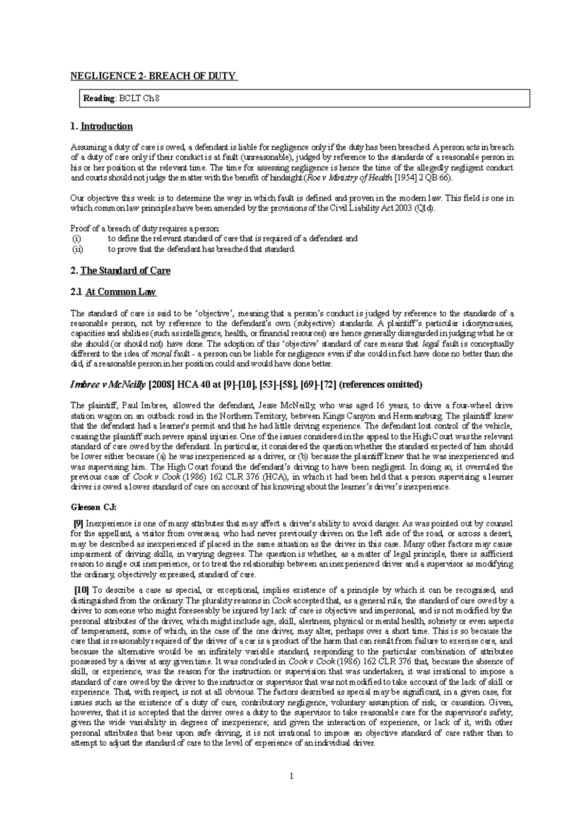 Negligence 2- Breach of Duty 2020 - NEGLIGENCE 2- BREACH OF DUTY 1 ...