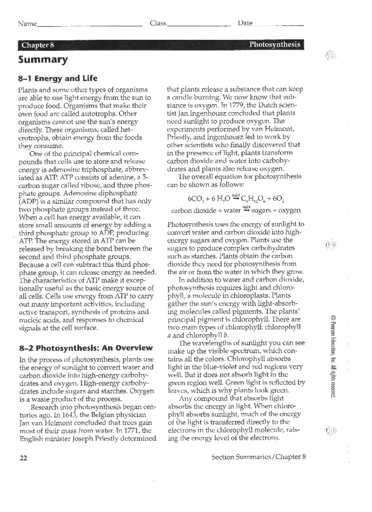 Summary 8-1 Energy and Life - Name Chapter 8 Summary 8—1 Energy and Life Class Plants and some ...