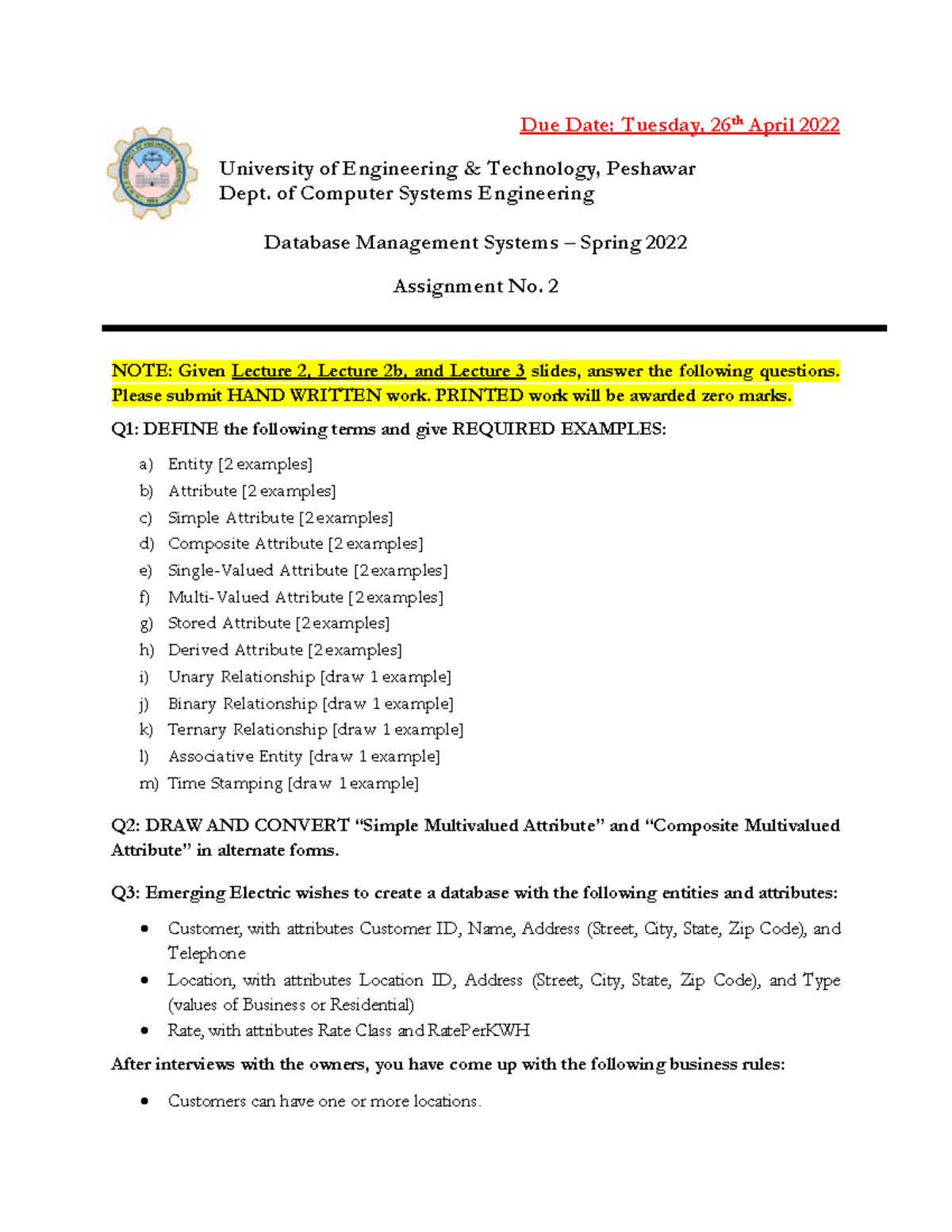 Database management system Assignment 02 - Due Date: Tuesday, 26th ...