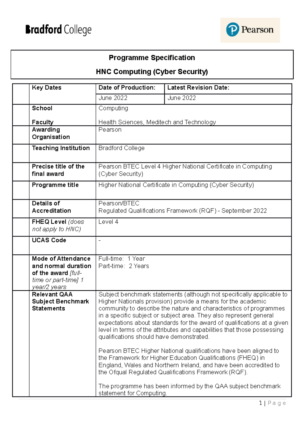 HNC Computing Cyber Security RQF prog spec June 2022 - Programme ...