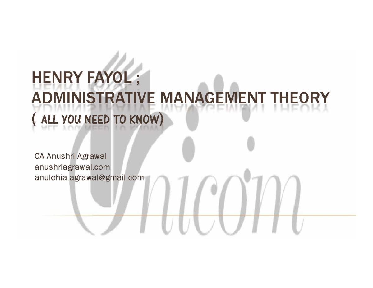 Henry-Fayol - Study material - HENRY FAYOL ; ADMINISTRATIVE MANAGEMENT ...