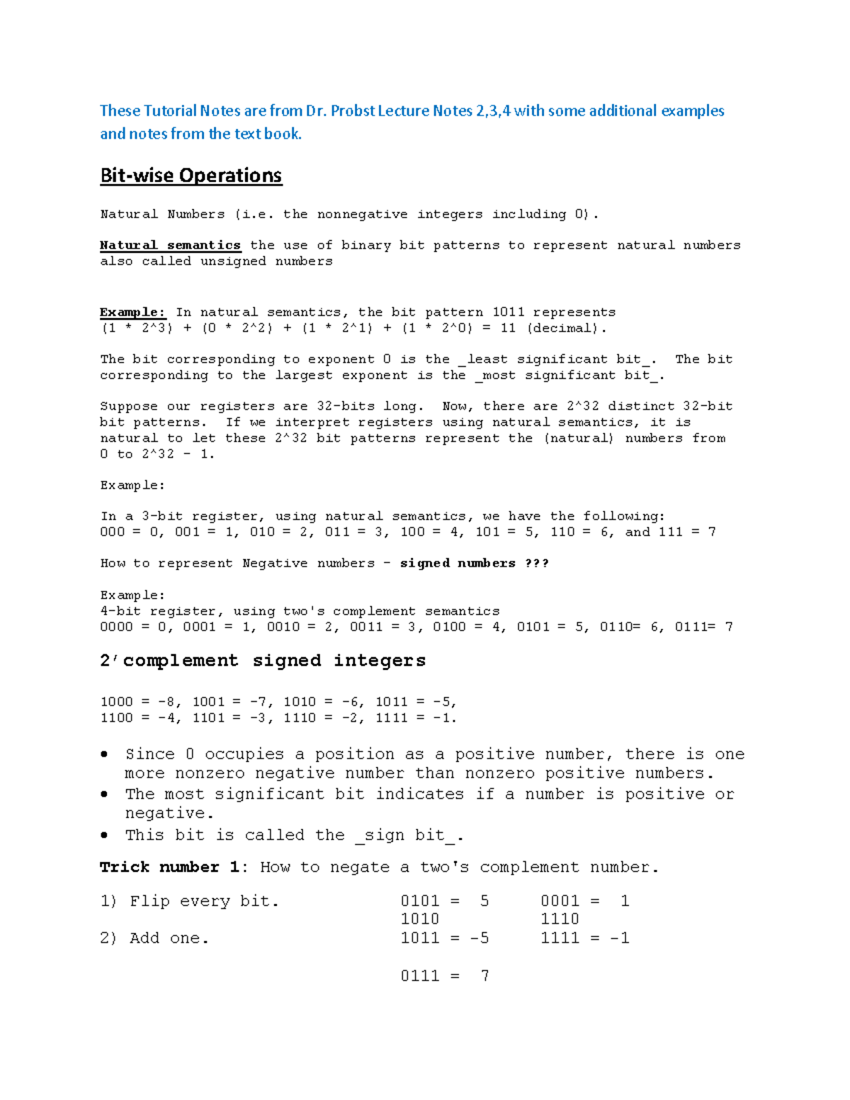 Tutorial 3 Bit Wise Operations These Tutorial Notes Are From Dr Probst Lecture Notes 234 3980