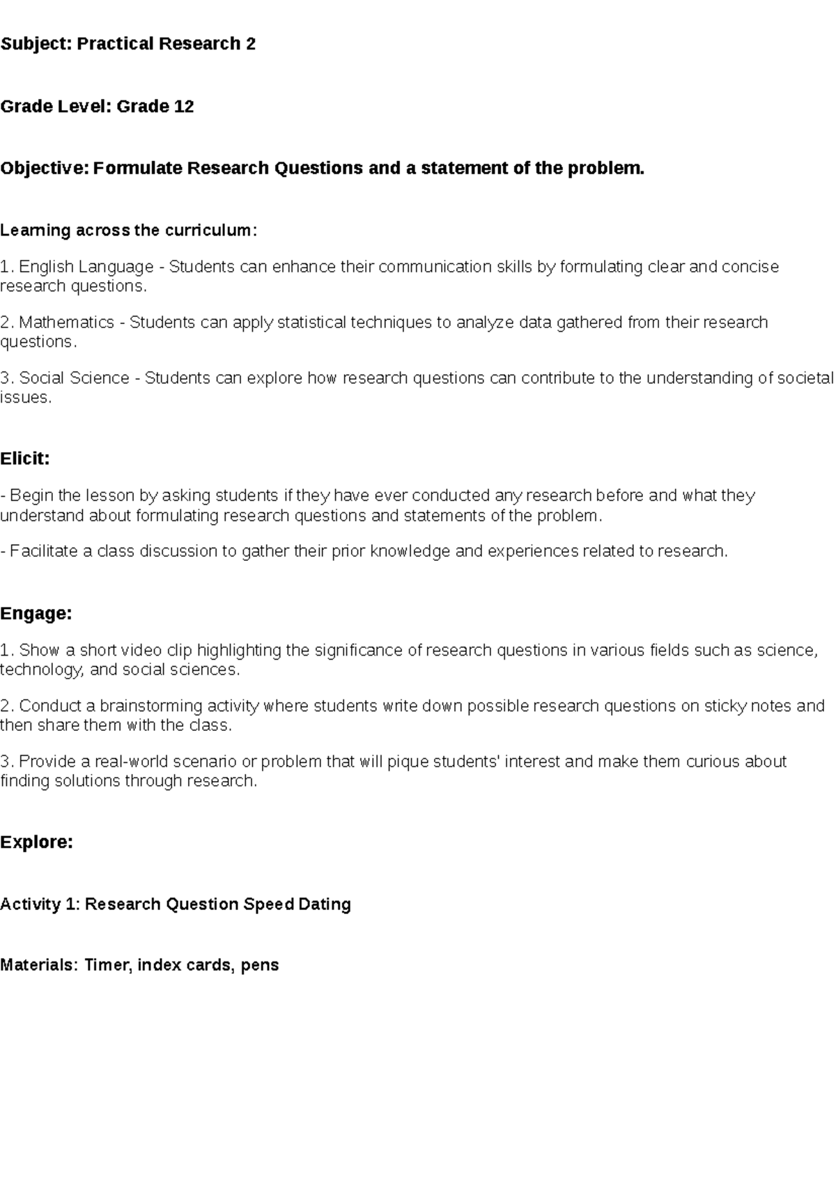 Lesson plan - frtrhgwreweetre - Subject: Practical Research 2 Grade ...