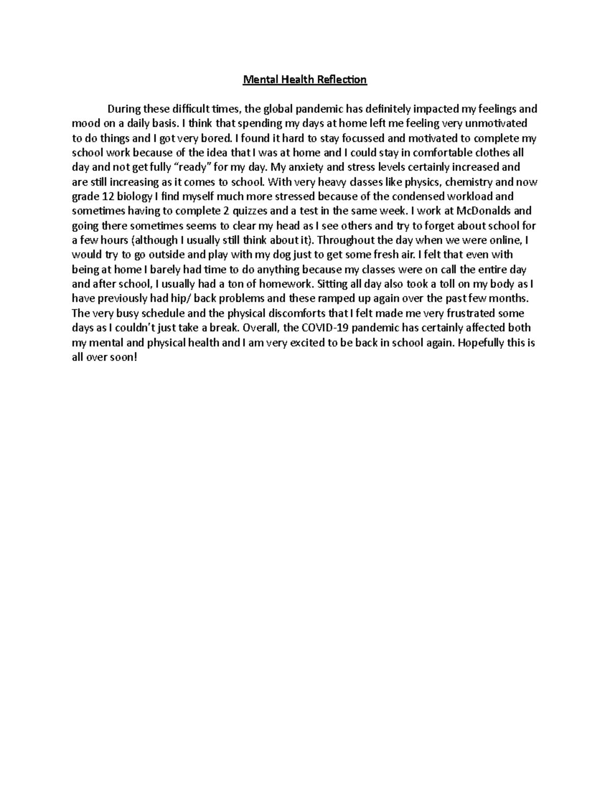 Mental Health Reflection - Mental Health Reflection During these ...