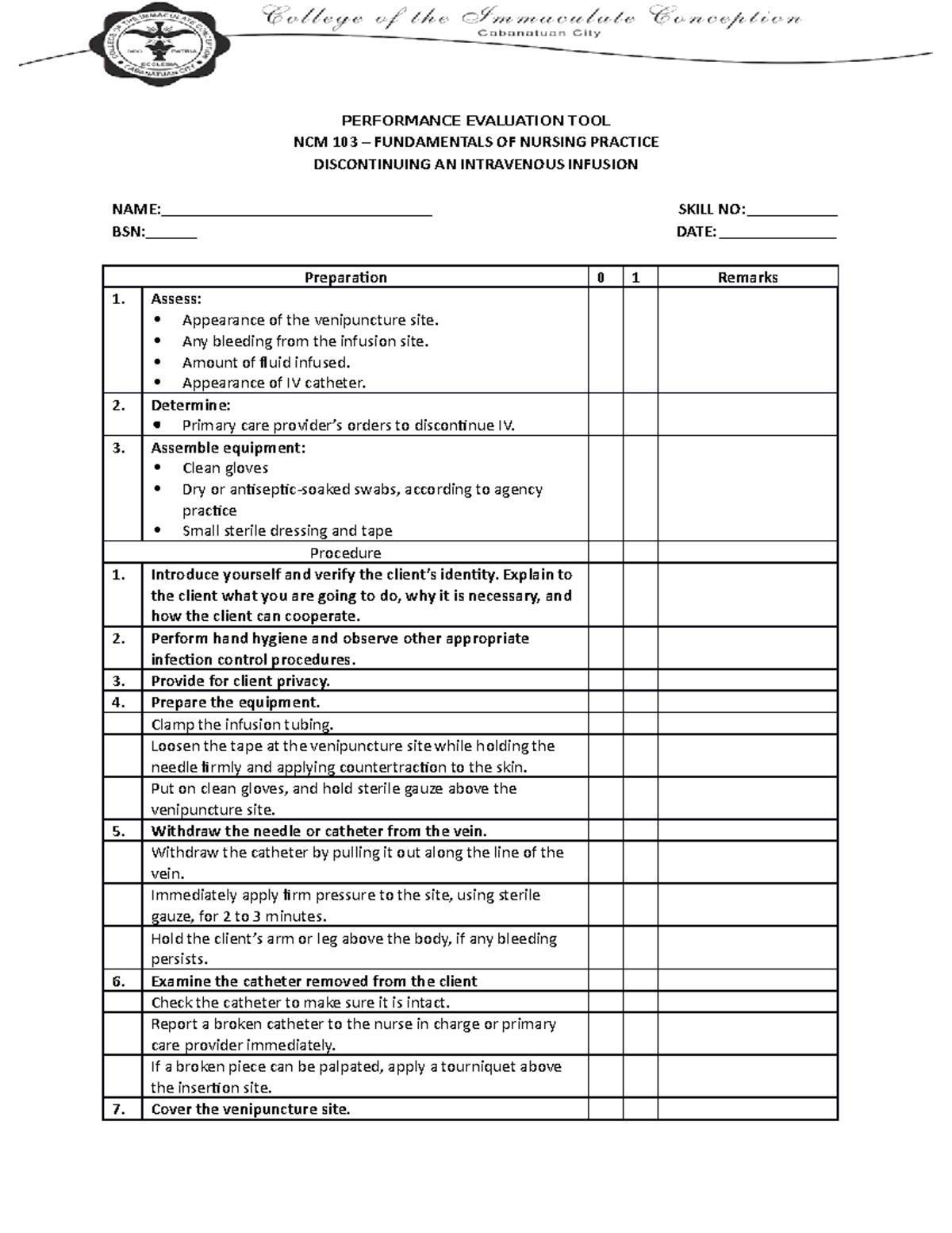 Discontinuing an Intravenous Infusion - PERFORMANCE EVALUATION TOOL NCM ...