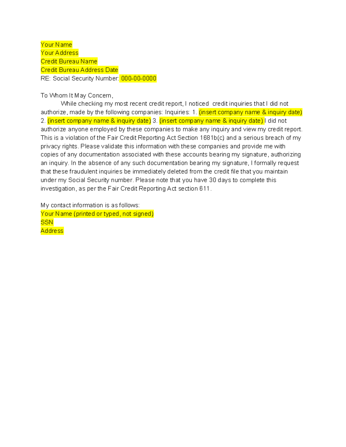 Inquiry Removal 1st Letter - Your Name Your Address Credit Bureau Name ...