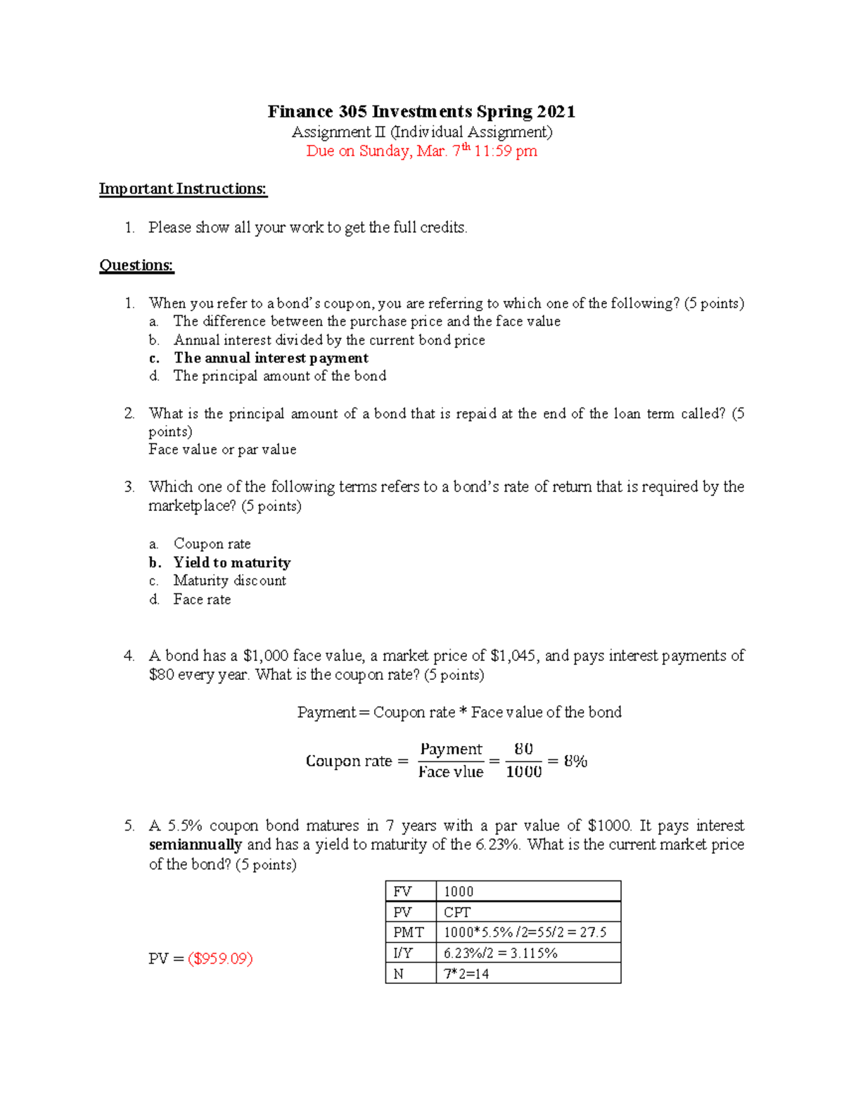 Assignment 2 solution - Finance 305 Investments Spring 2021 Assignment II (Individual Assignment ...