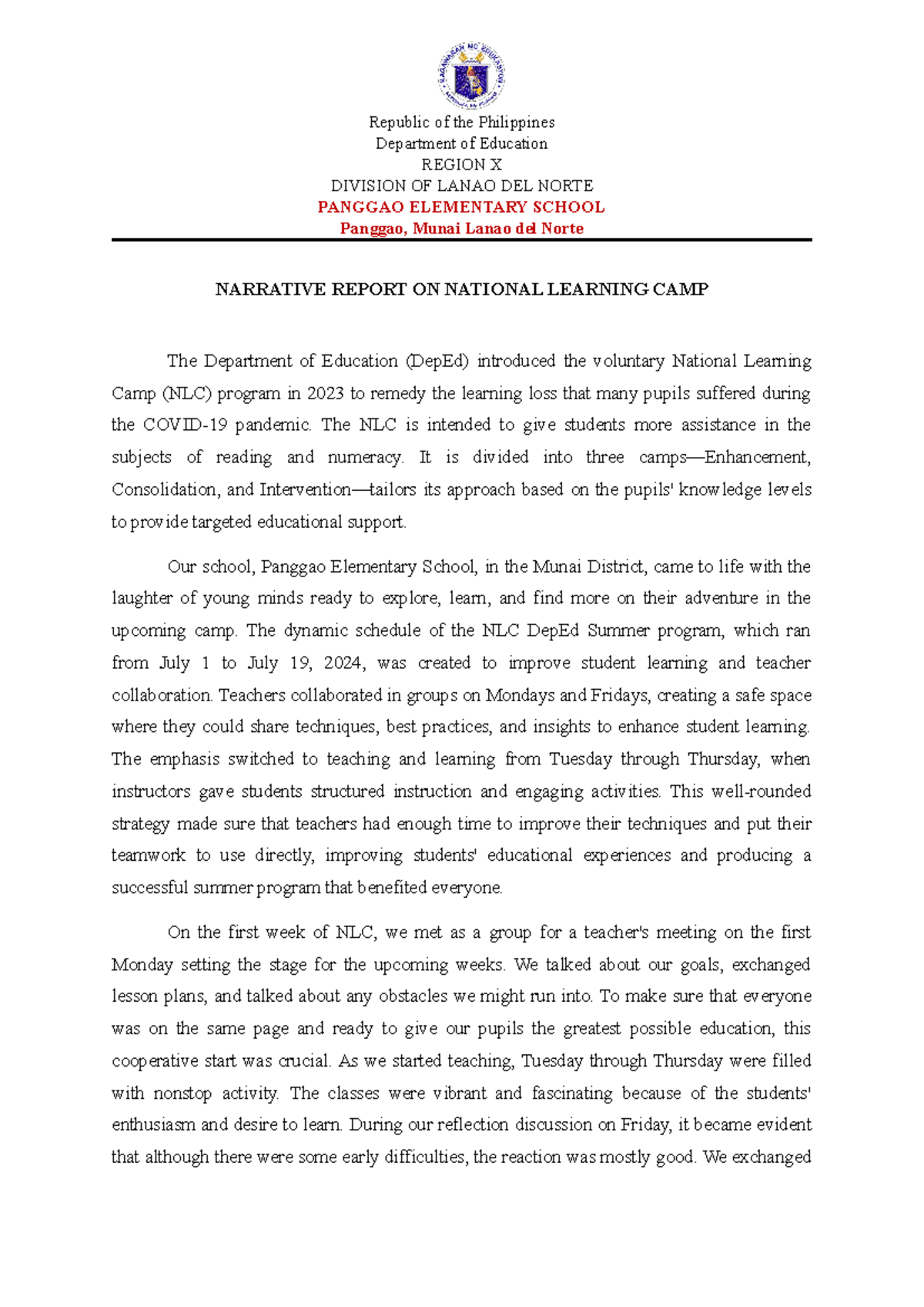 NLC Report - Republic of the Philippines Department of Education REGION ...