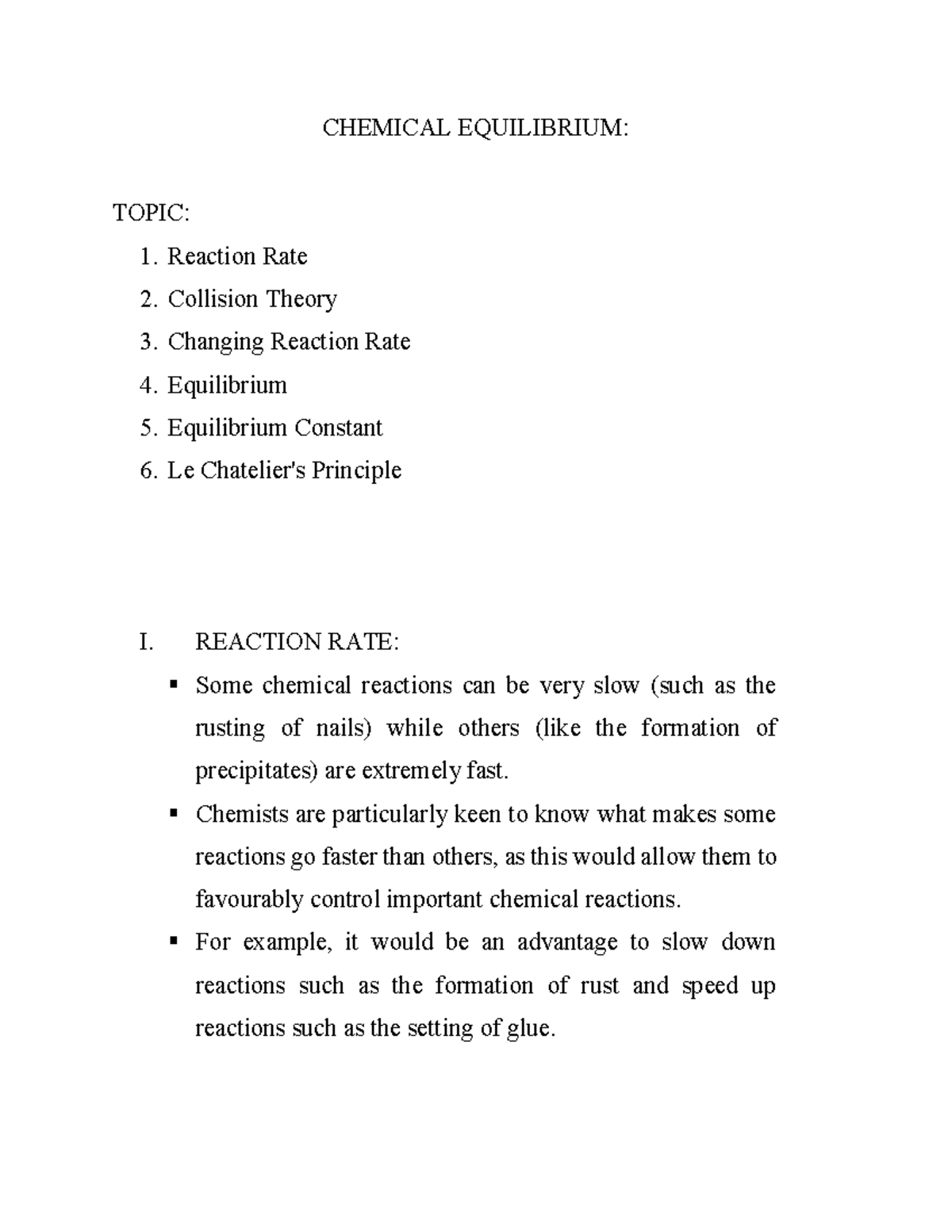 Equilibrium and Acid-Base - CHEMICAL EQUILIBRIUM: TOPIC: Reaction Rate ...
