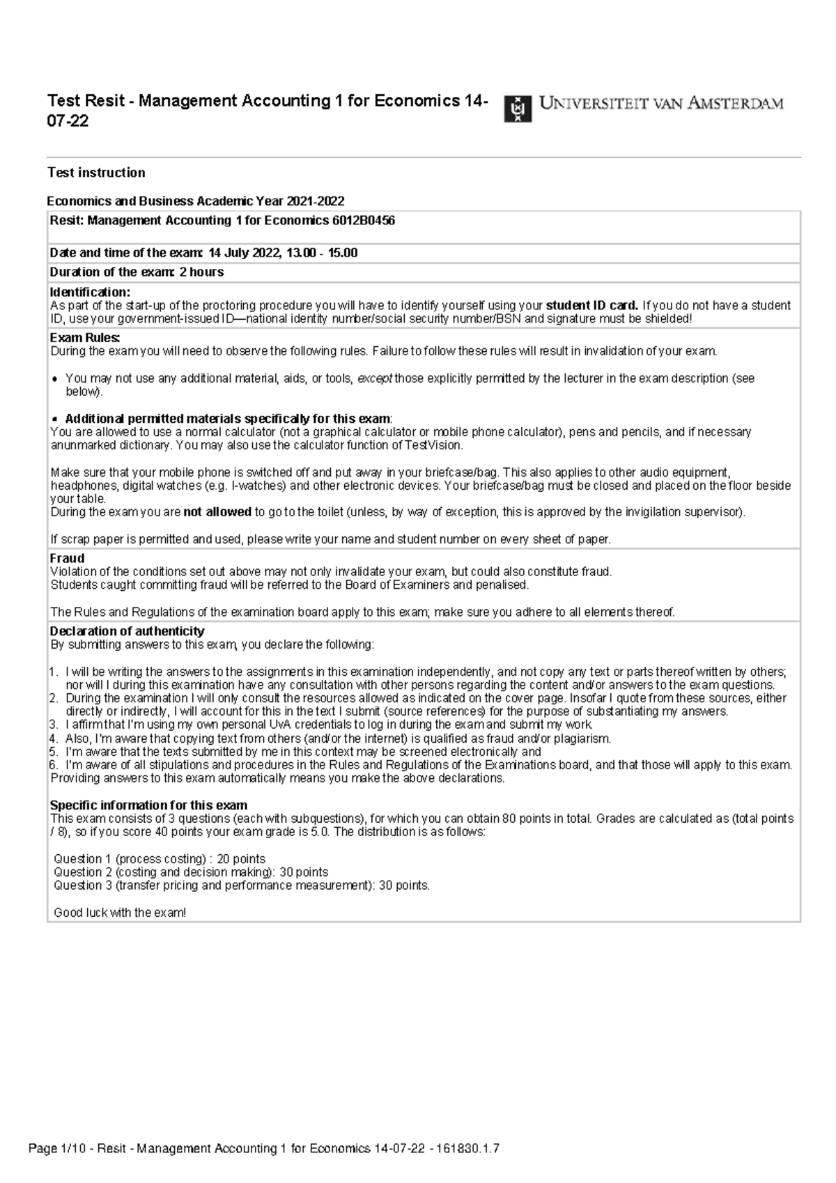 Resit 2022 - exam - Test Resit - Management Accounting 1 for Economics ...