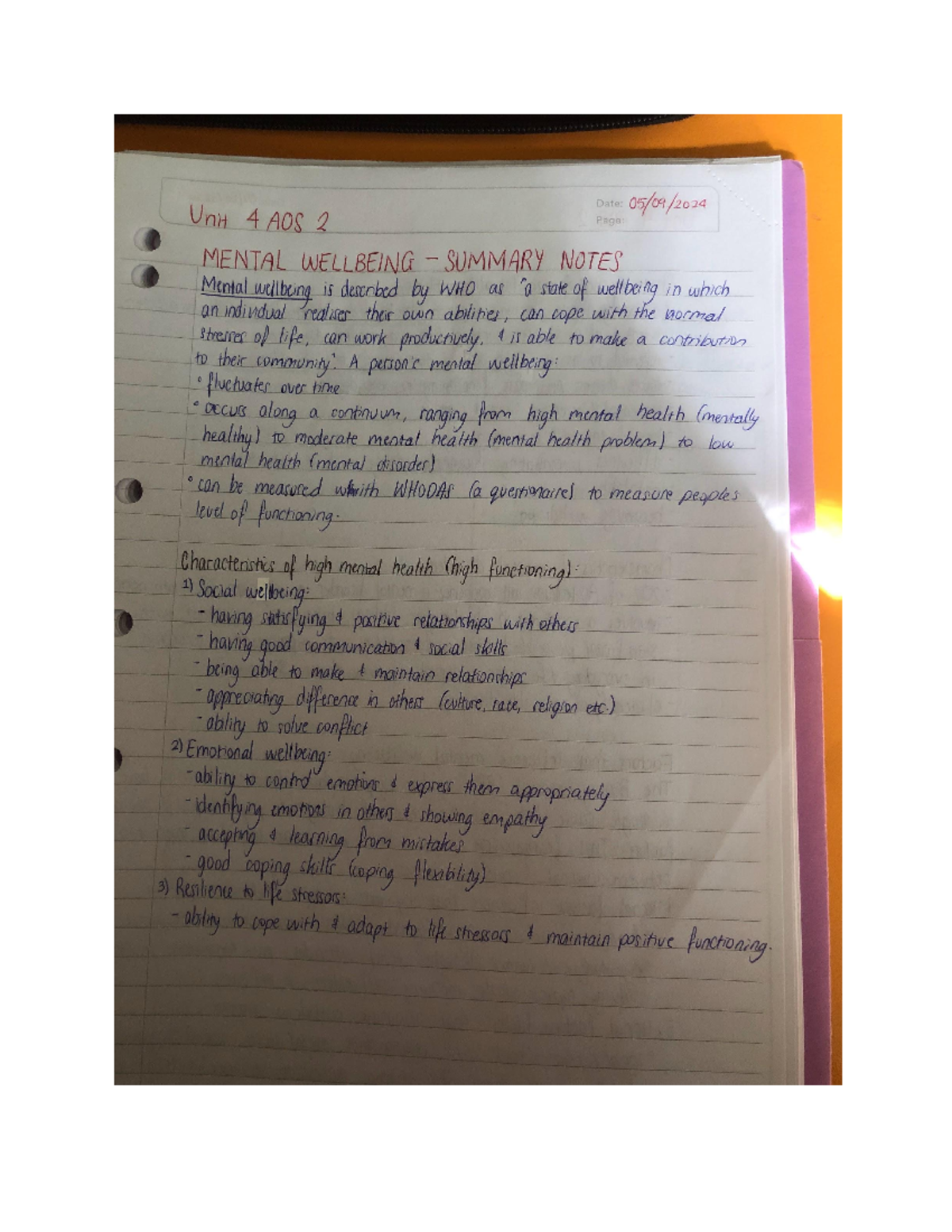 Mental wellbeing notes - Date: Unit 4 AOS 2 Page: MENTAL WELLBEING ...