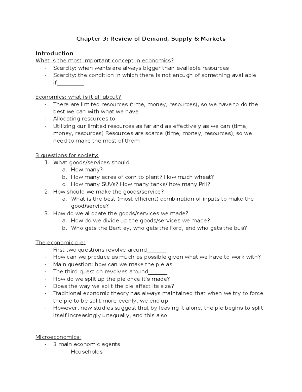 Chapter 3 Notes - Chapter 3: Review of Demand, Supply & Markets ...