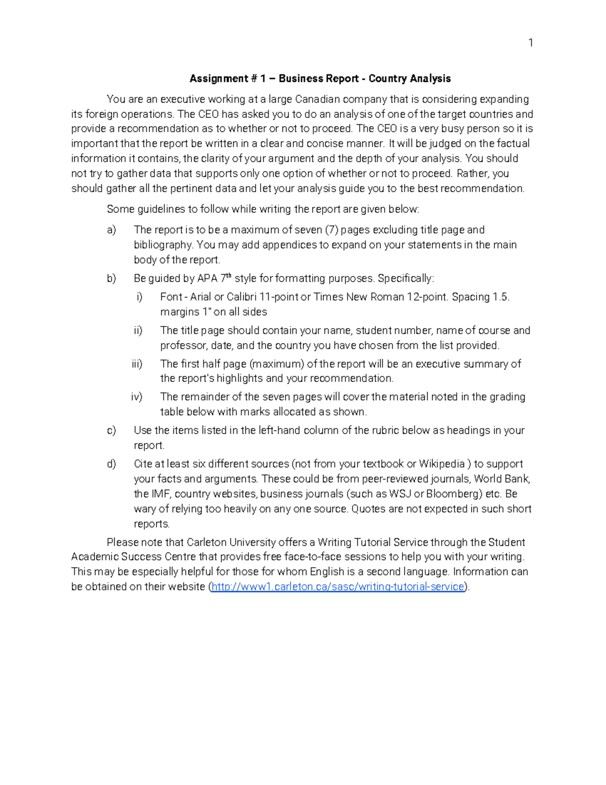 Assignment 1 Guidelines - 1 Assignment # 1 – Business Report - Country ...