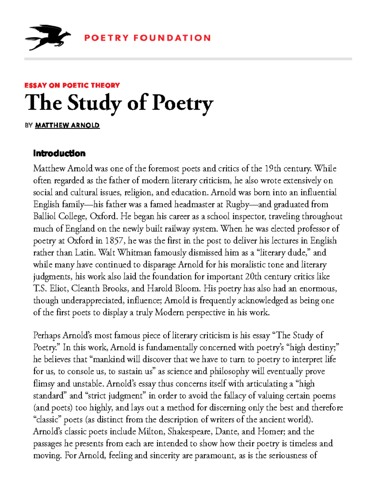 The Study of Poetry by Matthew Arnold Poetry Foundation - E S S AY O N ...
