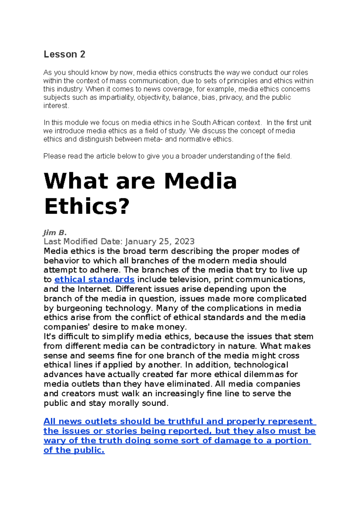 Lesson 2 - Media ethics as a field of study - Lesson 2 As you should ...
