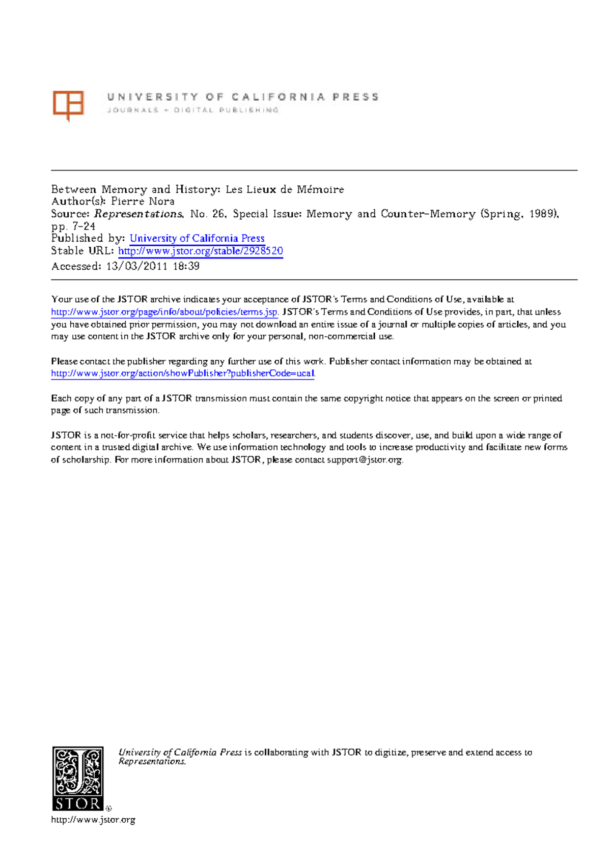 Pierre Nora, Between Memory and History - Between Memory and History ...