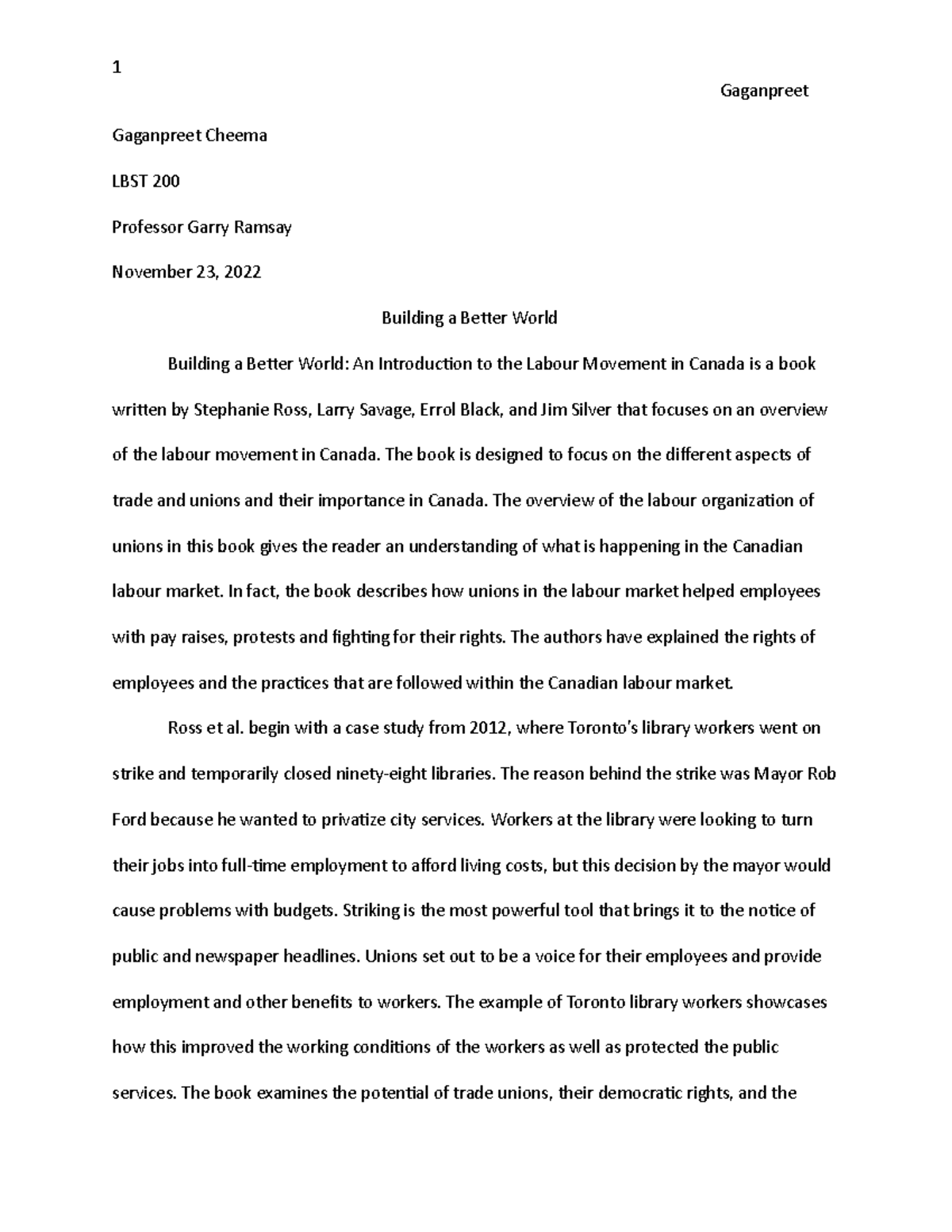 LBST Assignment 1 - Gaganpreet Gaganpreet Cheema LBST 200 Professor ...