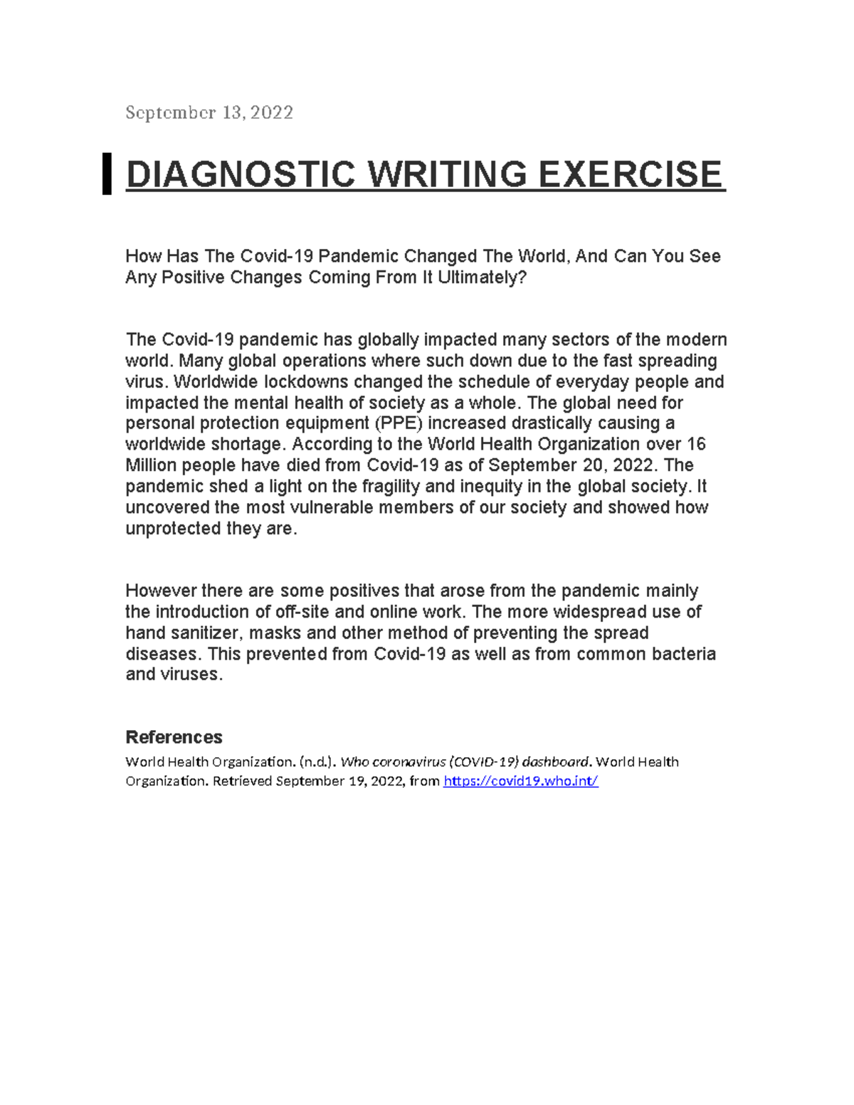 Diagnostic Writing - BM - September 13, 2022 DIAGNOSTIC WRITING ...