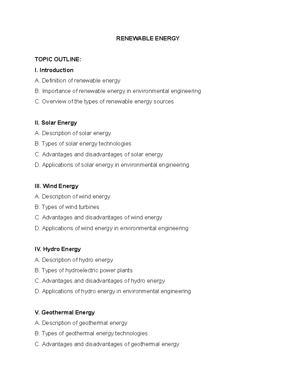 Renewable Energy - RENEWABLE ENERGY TOPIC OUTLINE: I. Introduction A ...