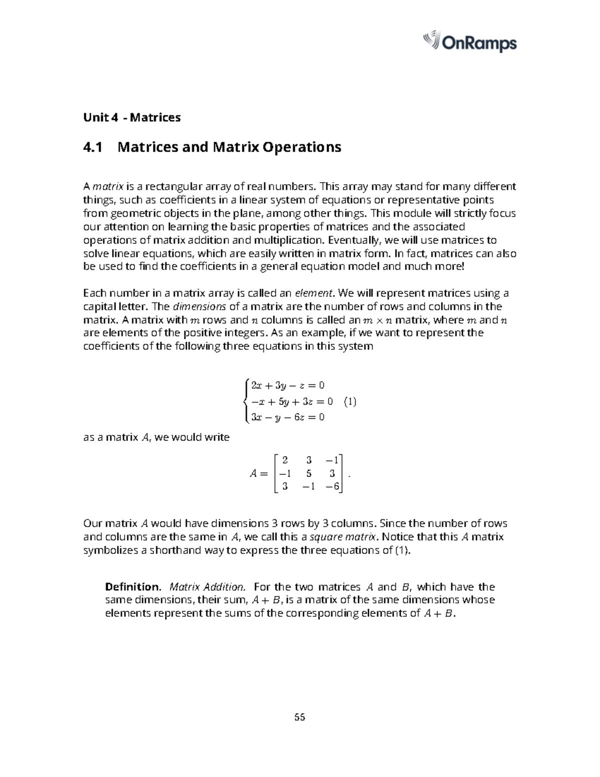 Unit 4 Further Algebra-A Bridge to Abstraction 2023-2024 - Unit 4 - Matrices 4 Matrices and ...