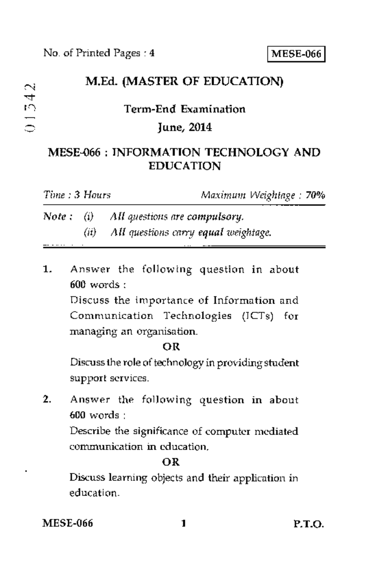 MESE-066 June 2014 - INFORMATION TECHNOLOGY PAPERS - No. of Printed ...