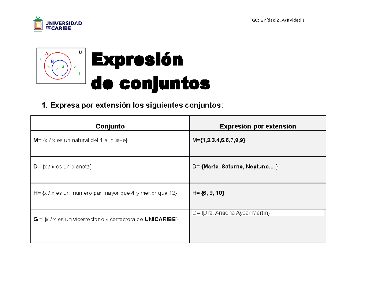 Unidad 2. Actividad 1. Expresiones de conjuntos Universidad del Caribe - Matemática l - Studocu