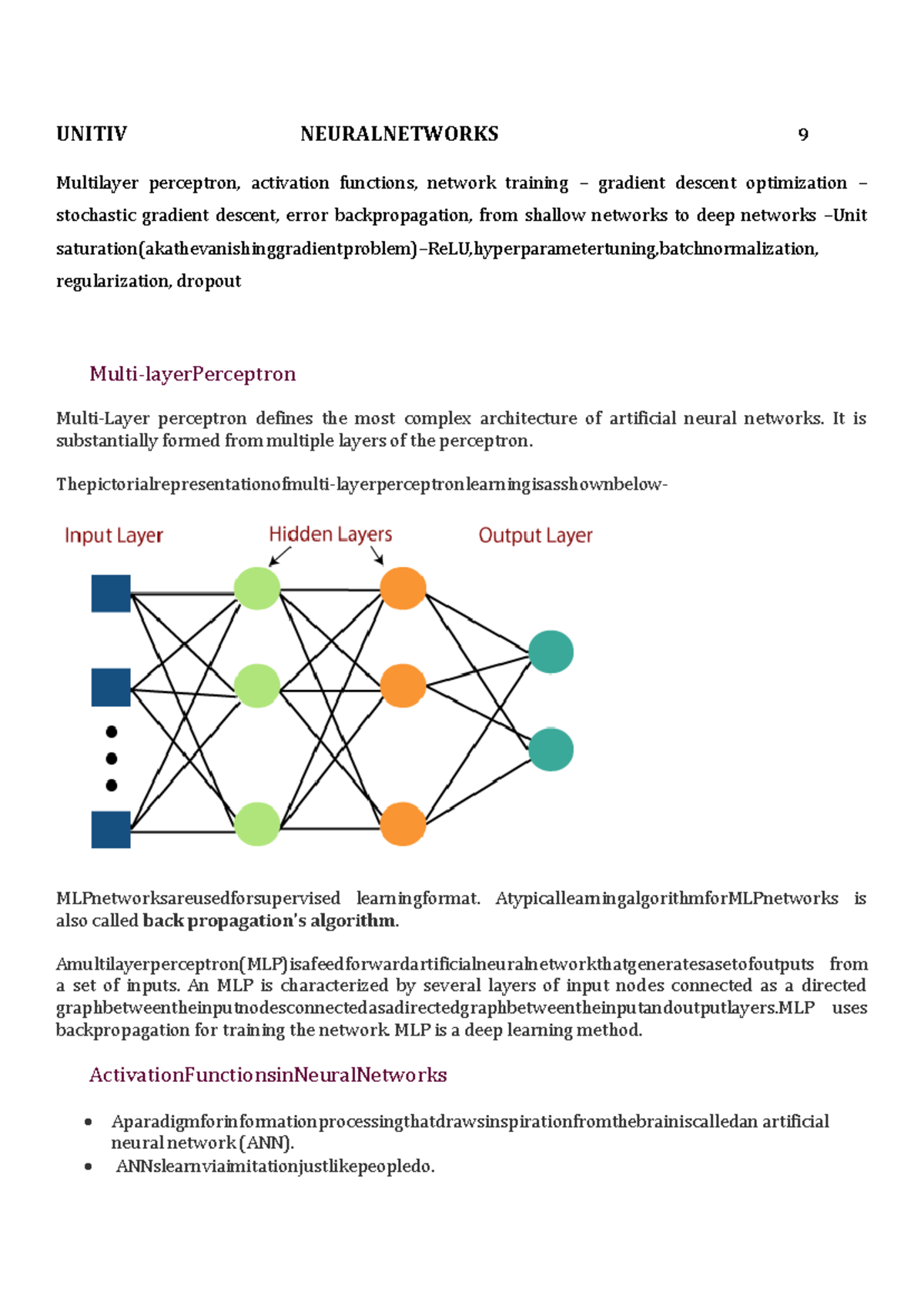 UNIT IV - machine learning - UNITIV NEURALNETWORKS 9 Multilayer ...
