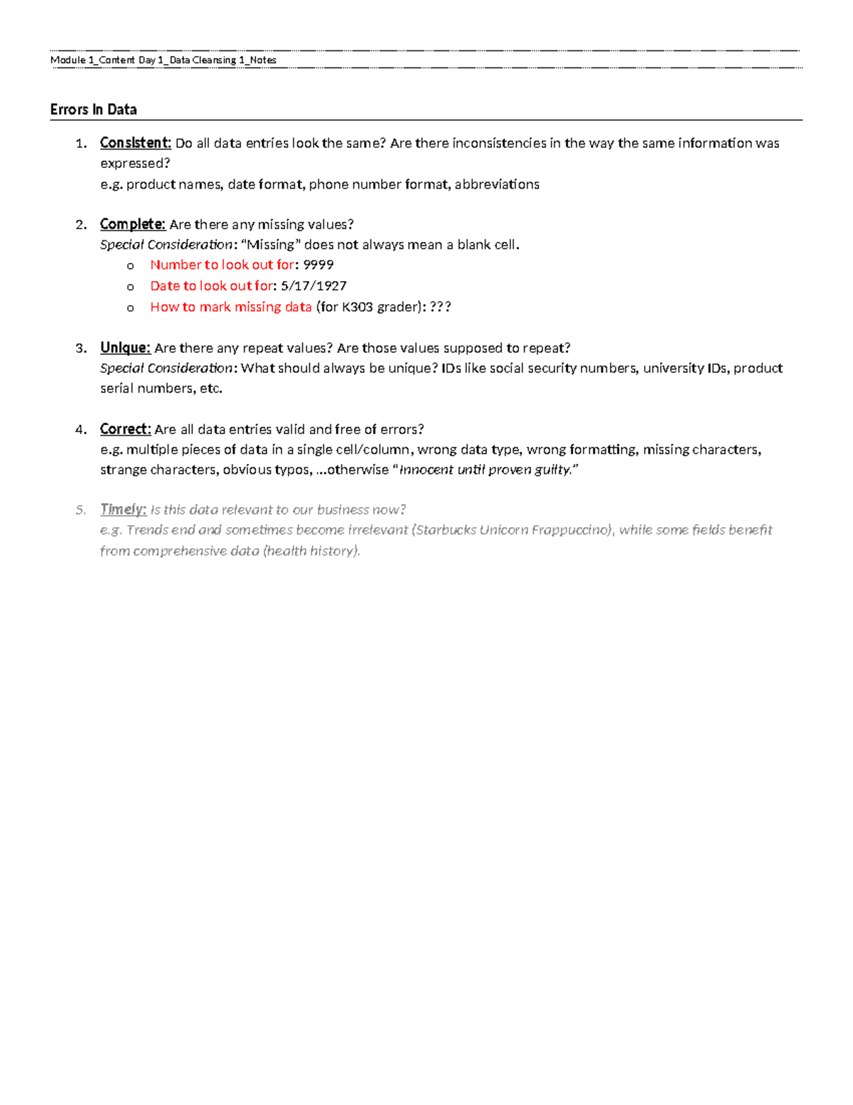 Module 1 Content Day 1 Data Cleansing 1 Notes - Errors in Data 1 ...