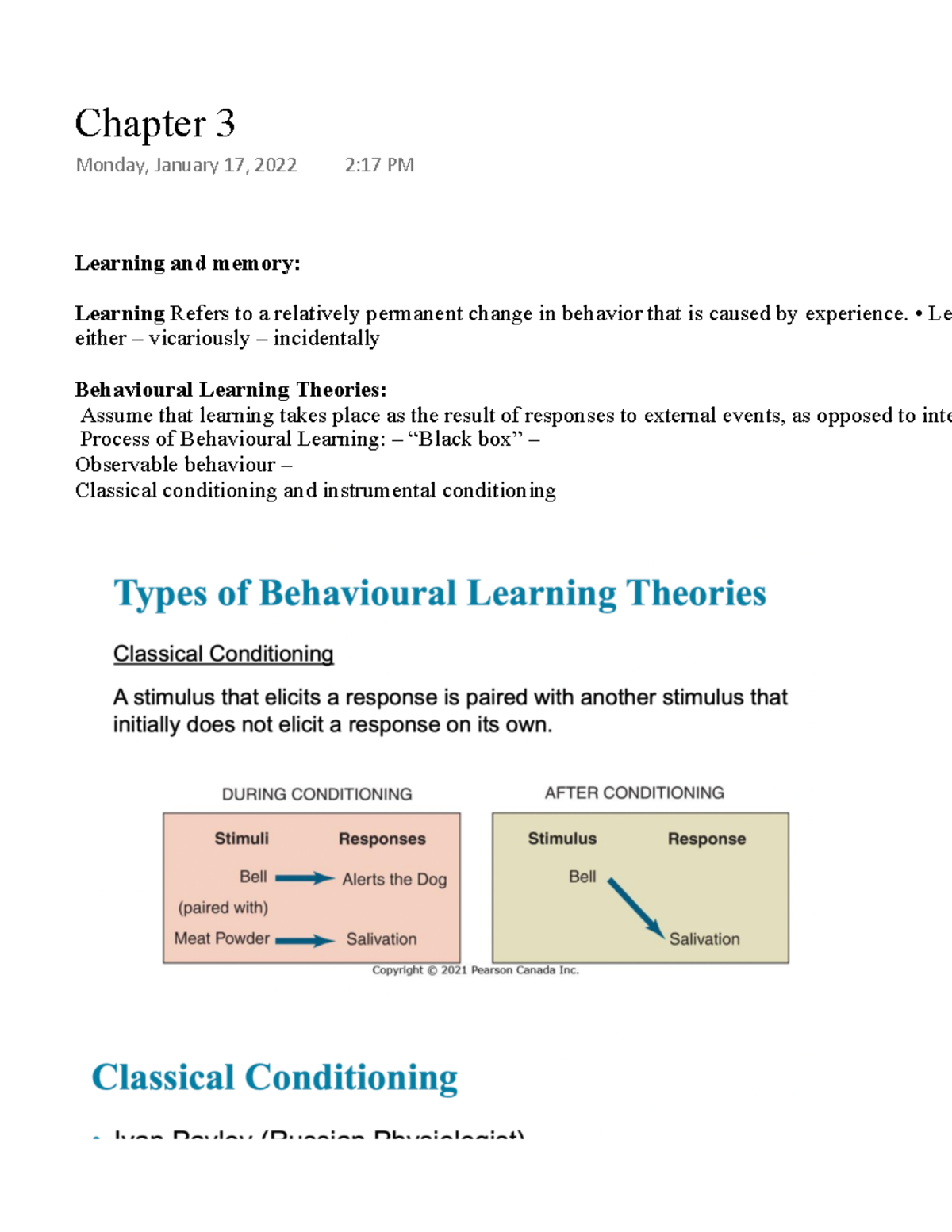 Chapter 3 - 3210 - Learning and memory: Learning Refers to a relatively permanent change in ...