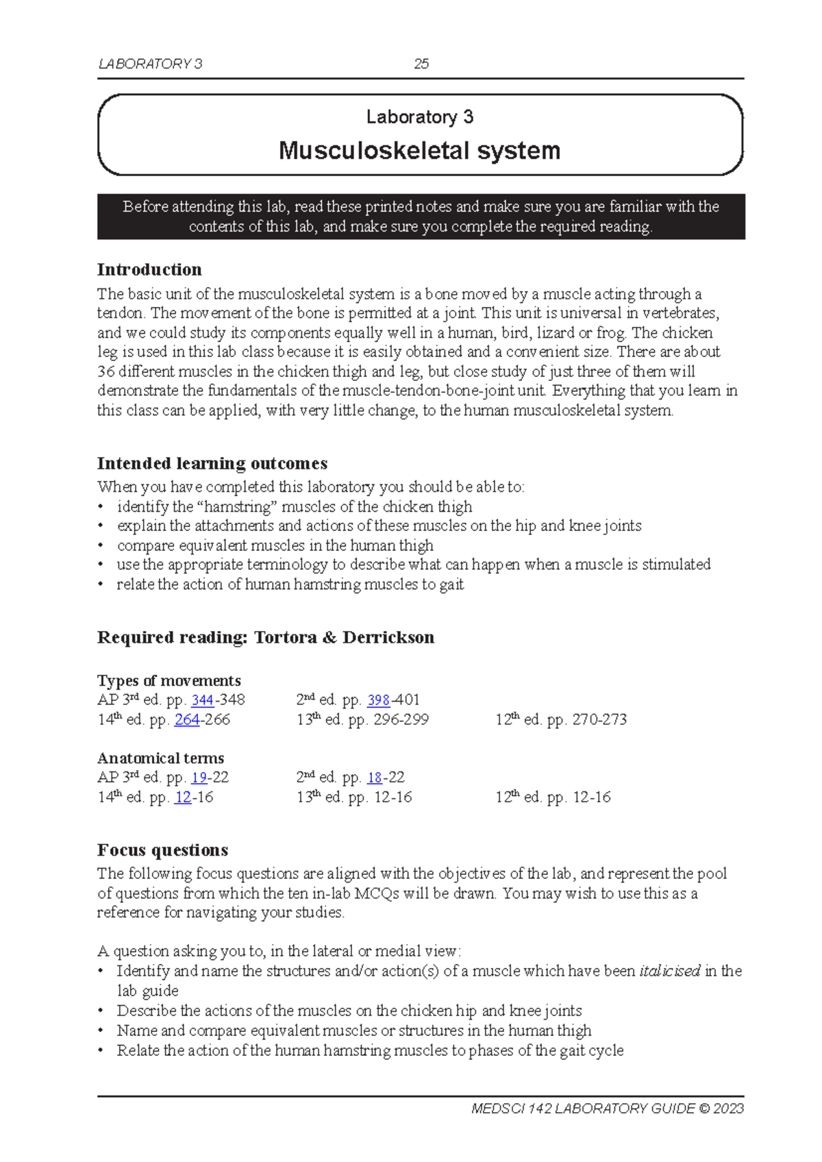 2023 Medsci 142 Lab 03 Musculoskeletal - 25 TORY 3 LABORA Introduction ...