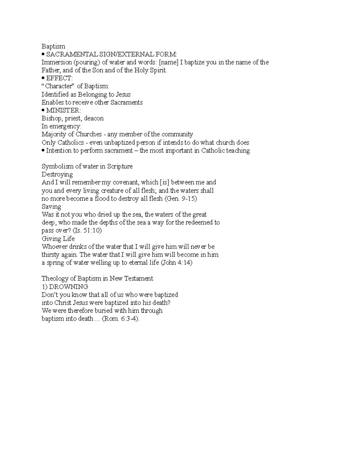 Baptism - lecture notes - Baptism SACRAMENTAL SIGN/EXTERNAL FORM ...