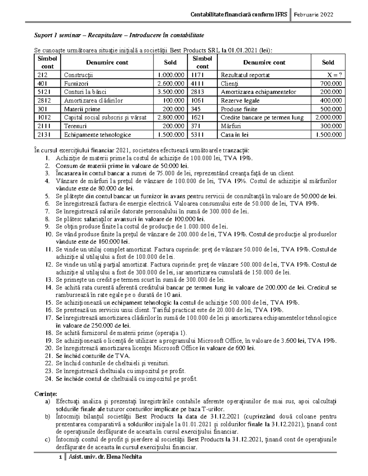 Exercitiu contabilitate introducere - 1 Asist. univ. dr. Elena Nechita ...