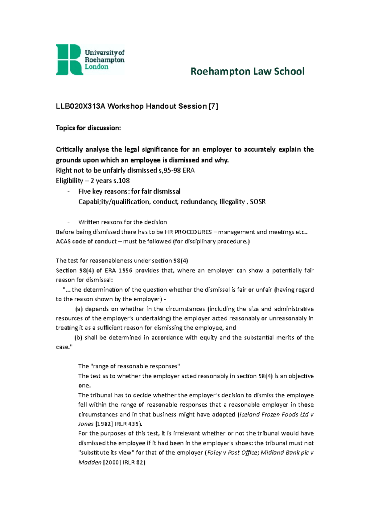Employment Law Workshop Exercises Session - Roehampton Law School ...