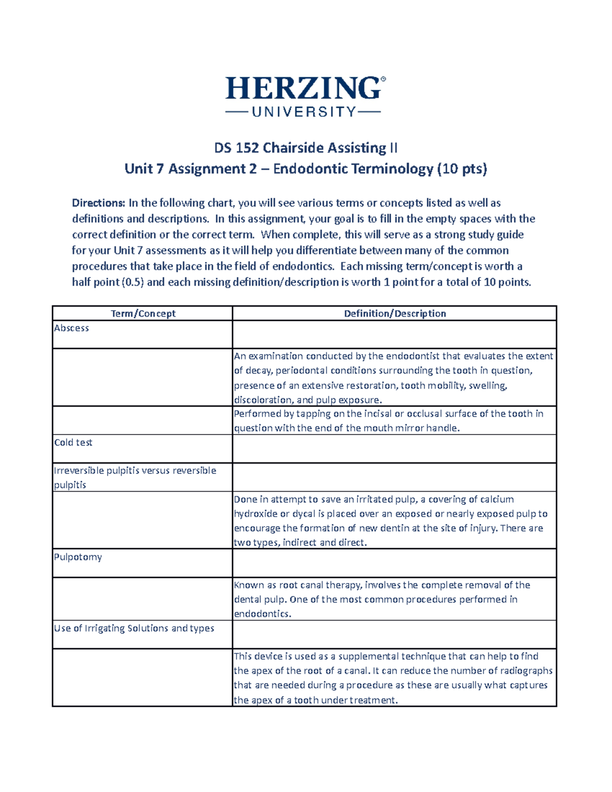 DS152 Unit 7 Assignment 2 - Endodontic Terminology - DS 152 Chairside ...