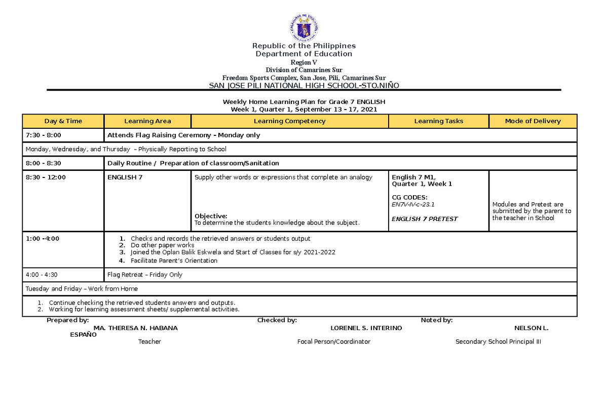 WEEKLY HOME LEARNING PLAN - Republic of the Philippines Department of ...