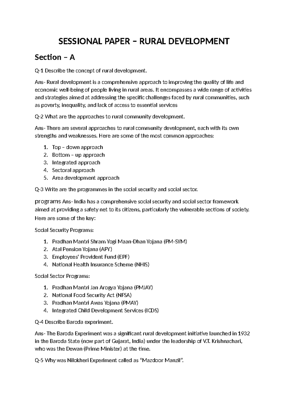 Sessional Paper RD - SESSIONAL PAPER – RURAL DEVELOPMENT Section – A Q ...
