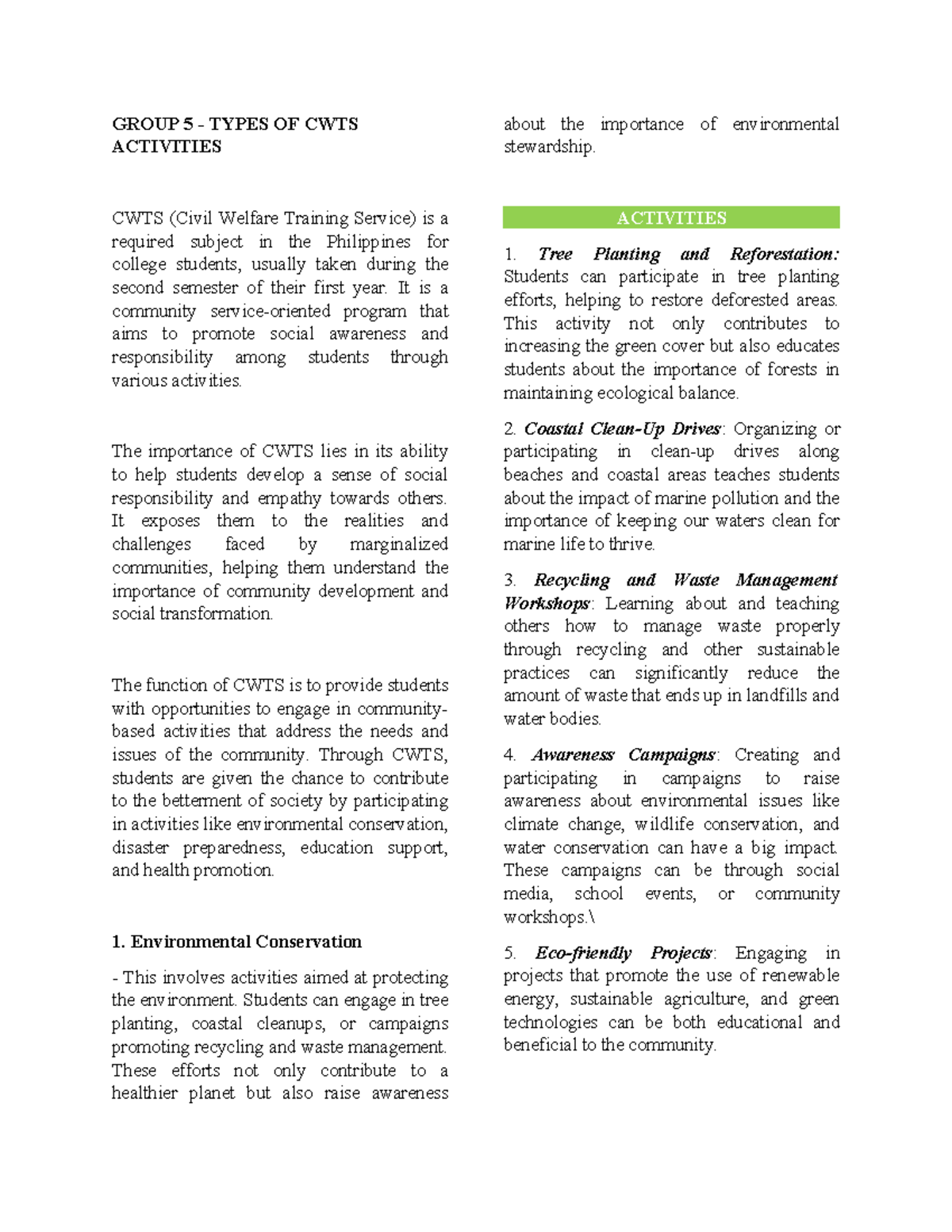 Cwts - GROUP 5 - TYPES OF CWTS ACTIVITIES CWTS (Civil Welfare Training ...