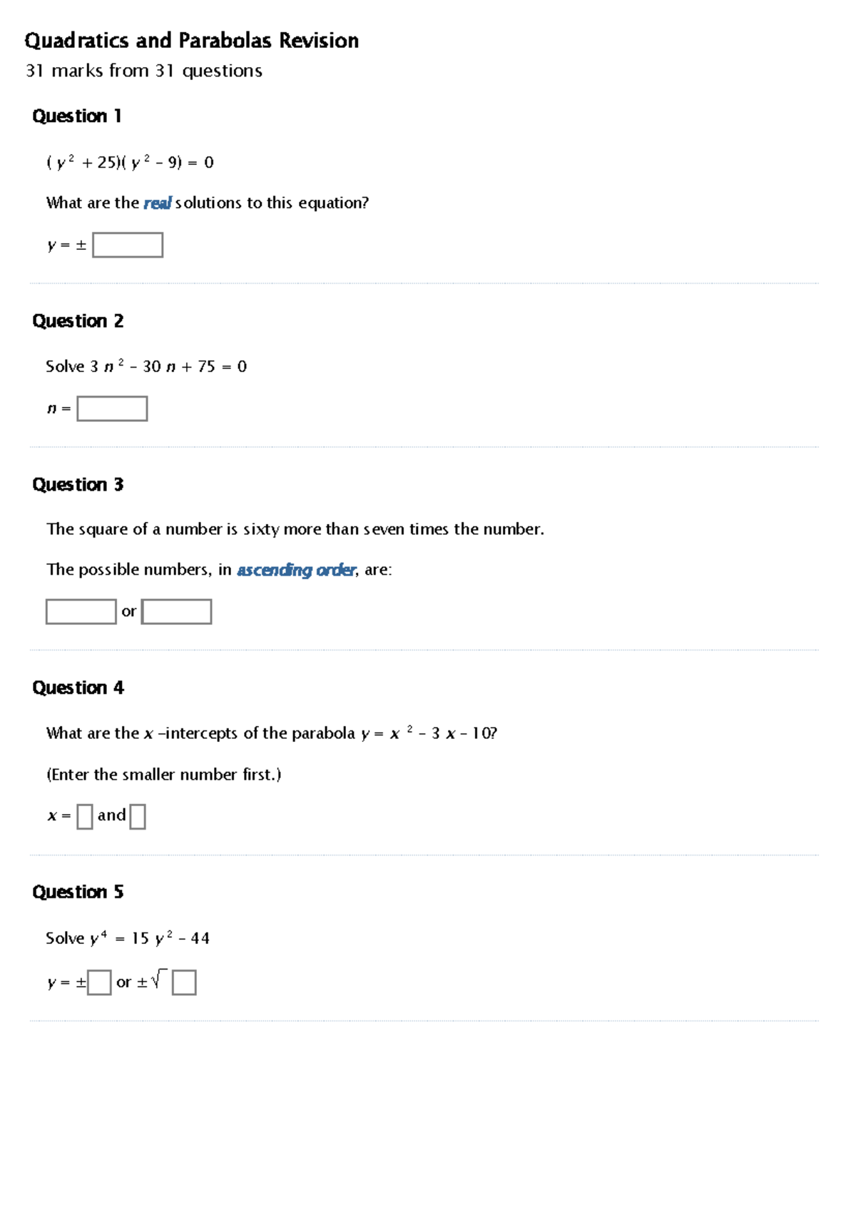Year 9 Quadratics and Parabolas review - Quadratics and Parabolas ...