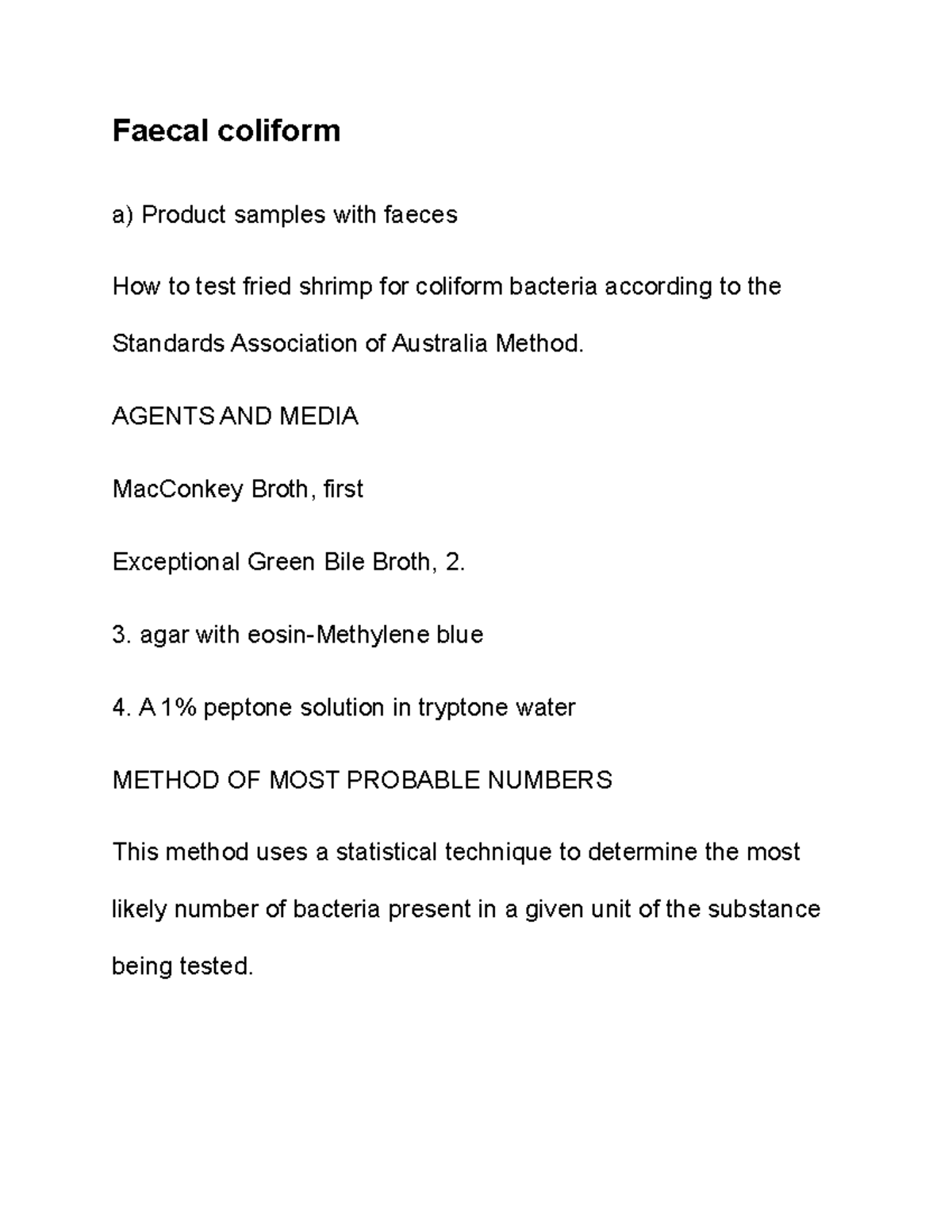 Faecal coliform - Notes - Faecal coliform a) Product samples with ...
