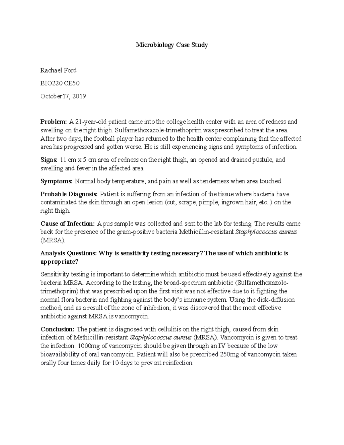 Microbiology Case Study - Microbiology Case Study Rachael Ford BIO220 ...