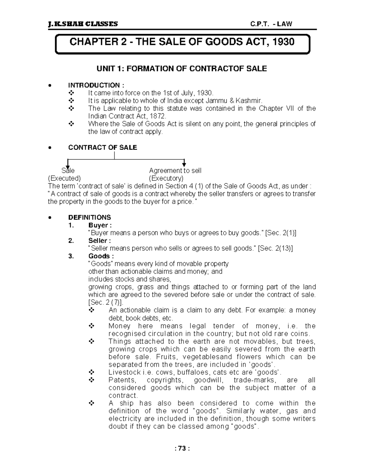 Sale of goods act notes by JK Shah classes - CHAPTER 2 - THE SALE OF ...