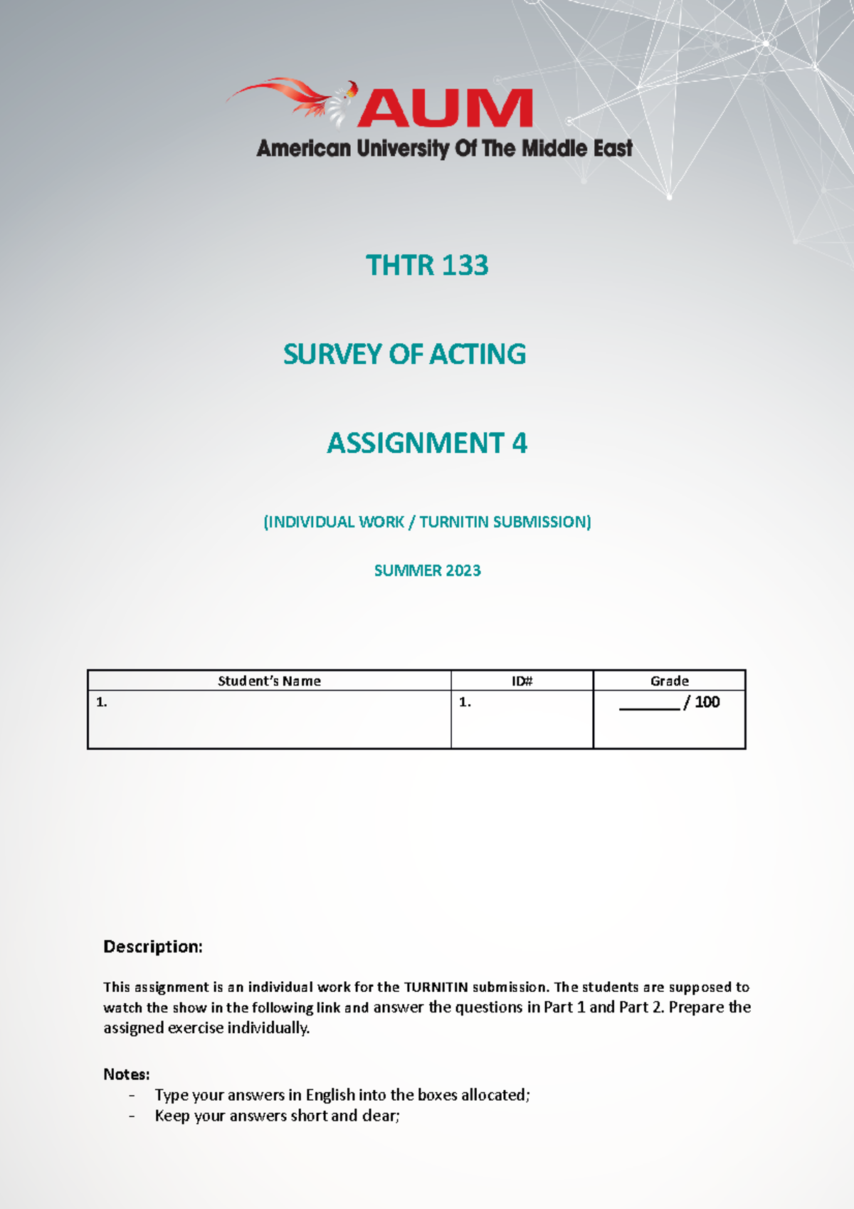 6b. Assignment 4 THTR 133 M1 Individual Turnitin submission - THTR 133 SURVEY OF ACTING ...