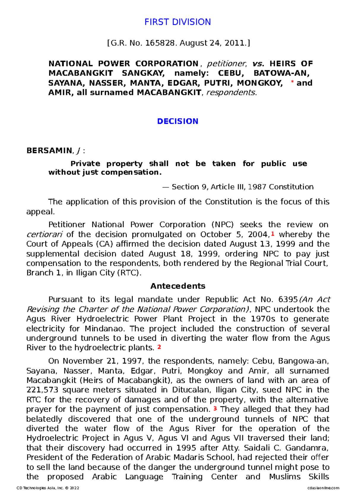 Expropriation- National Power Corp - FIRST DIVISION [G. No. 165828 ...