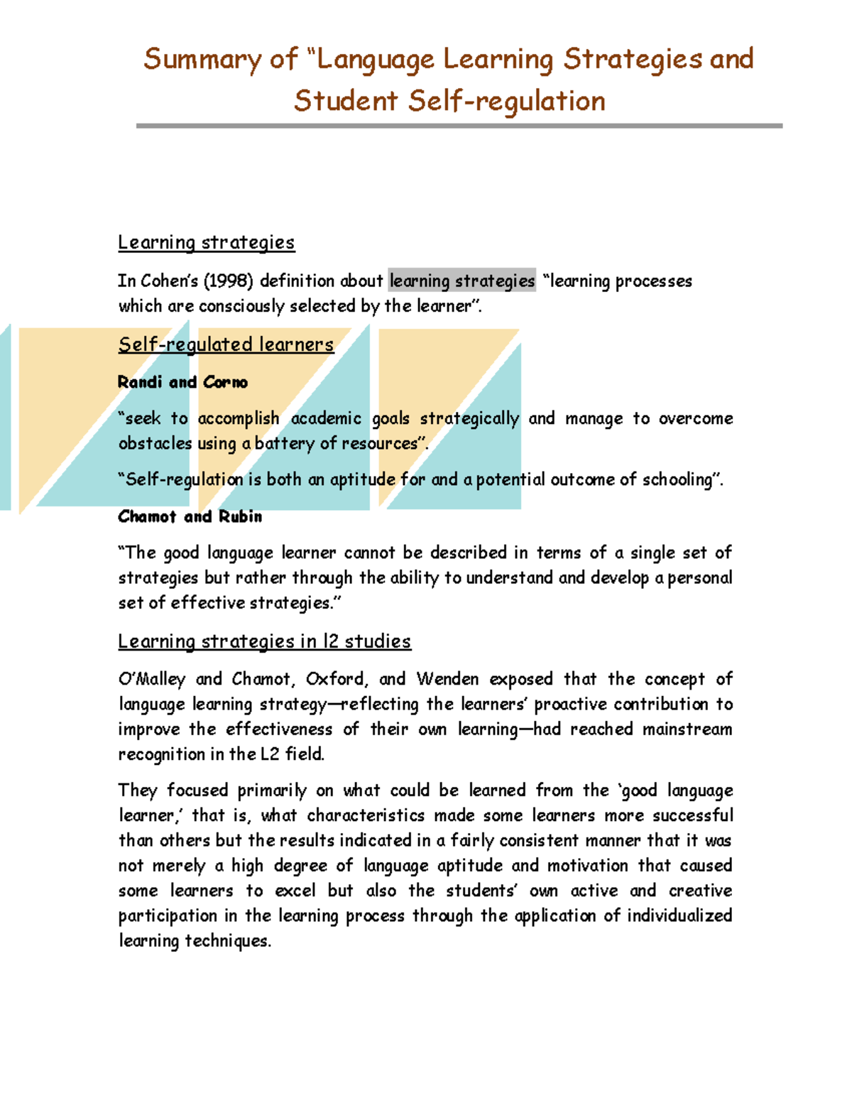 Summary of Language learning strategies and student self-regulation ...